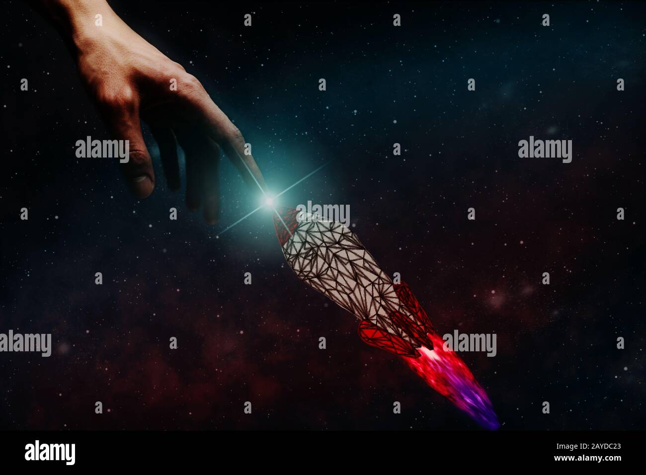 Human forefinger touches spaceship. Nebula dust in infinite space ...