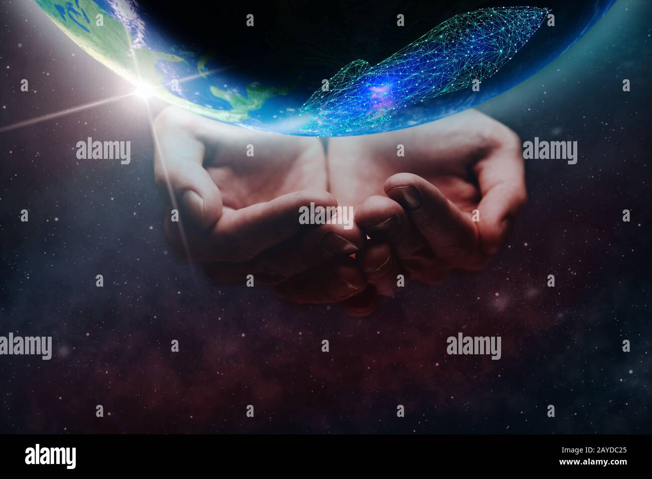 Whole world in human hands plam and Rocket low poly. Mixed media Stock ...