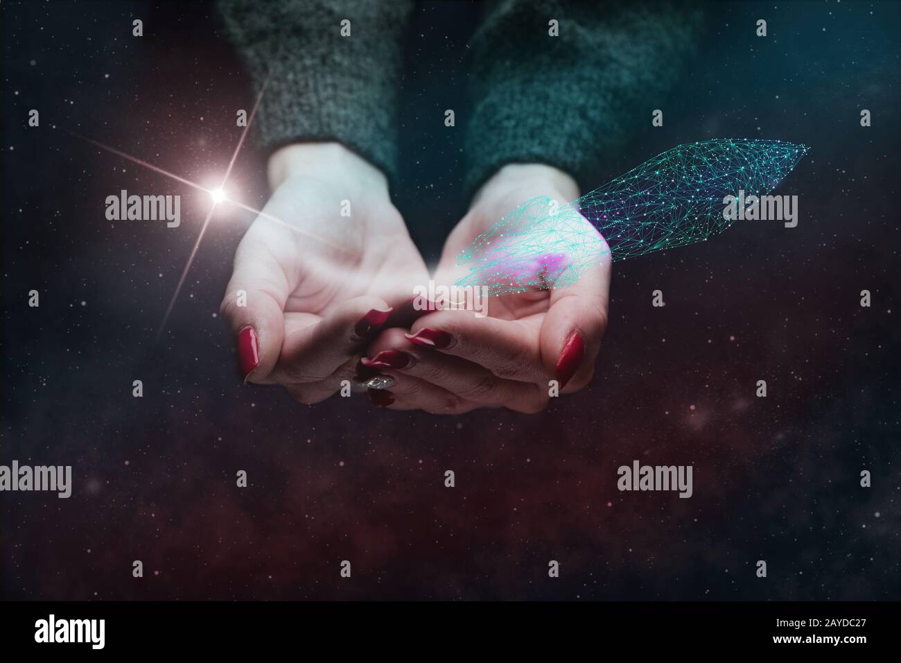 Human hand holding Rocket low poly. Nebula dust. Mixed media Stock ...