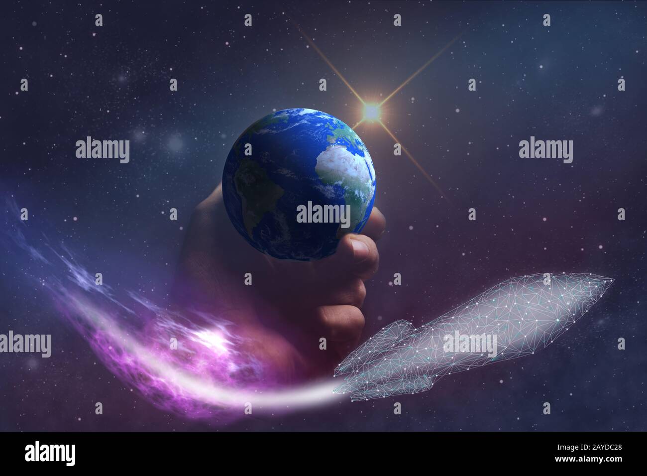 Whole world in human hands plam and Rocket low poly. Mixed media Stock ...