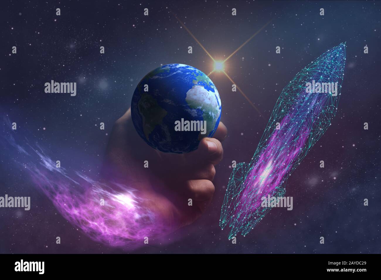 Whole world in human hands plam and Rocket low poly. Mixed media Stock ...
