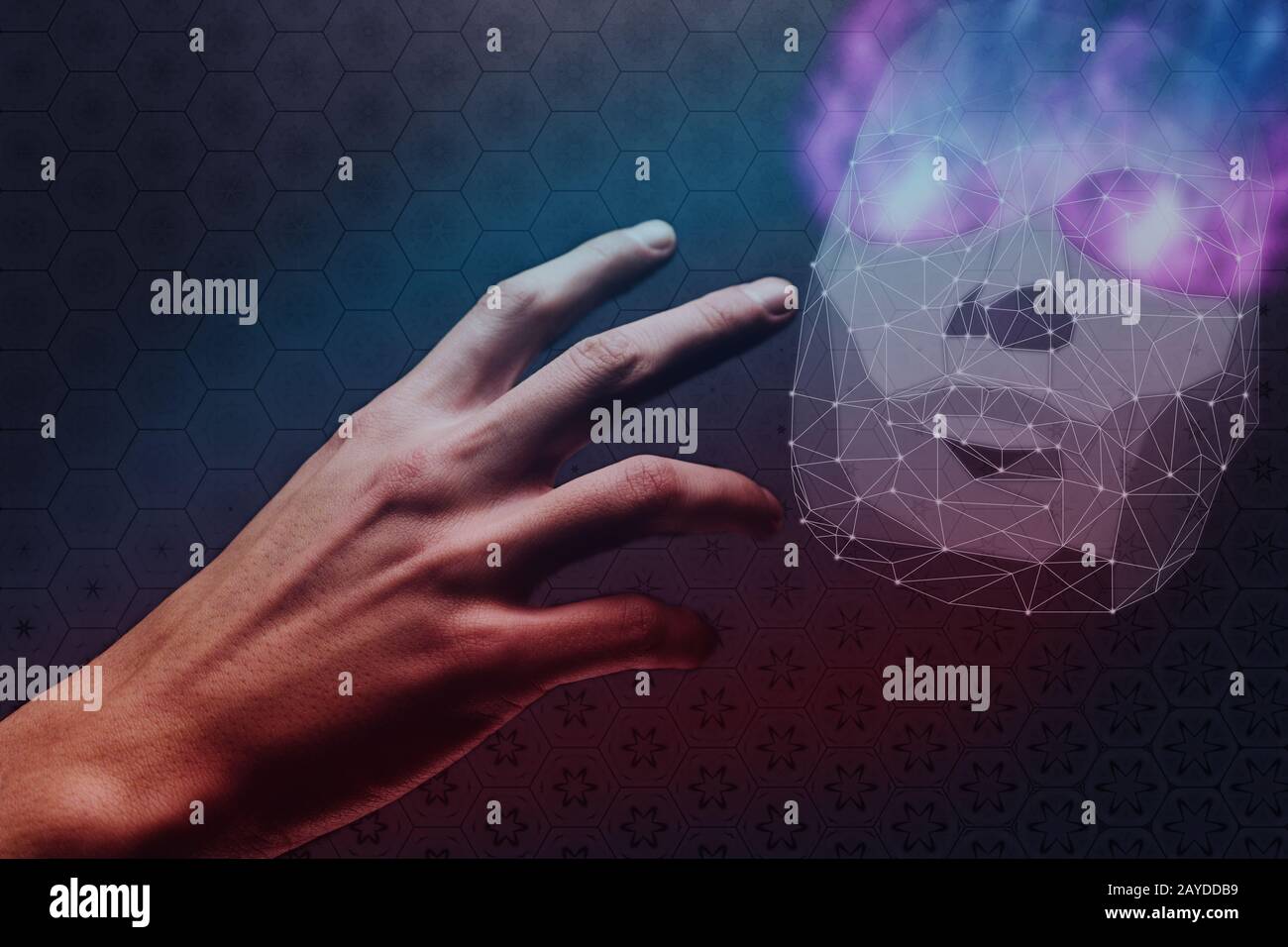 Human hand and mask of hacker low poly. Mixed media Stock Photo - Alamy