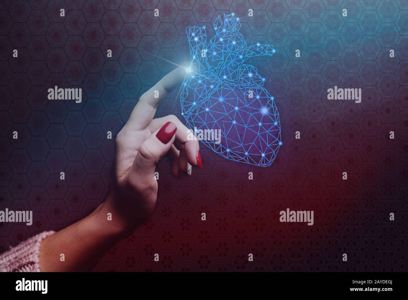 Human forefinger touches heart innovative technologies. Nebula dust in ...