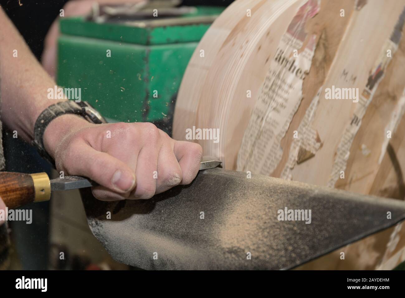 Carpenter turning woodturning lathe with lathe tools - closeup Stock ...