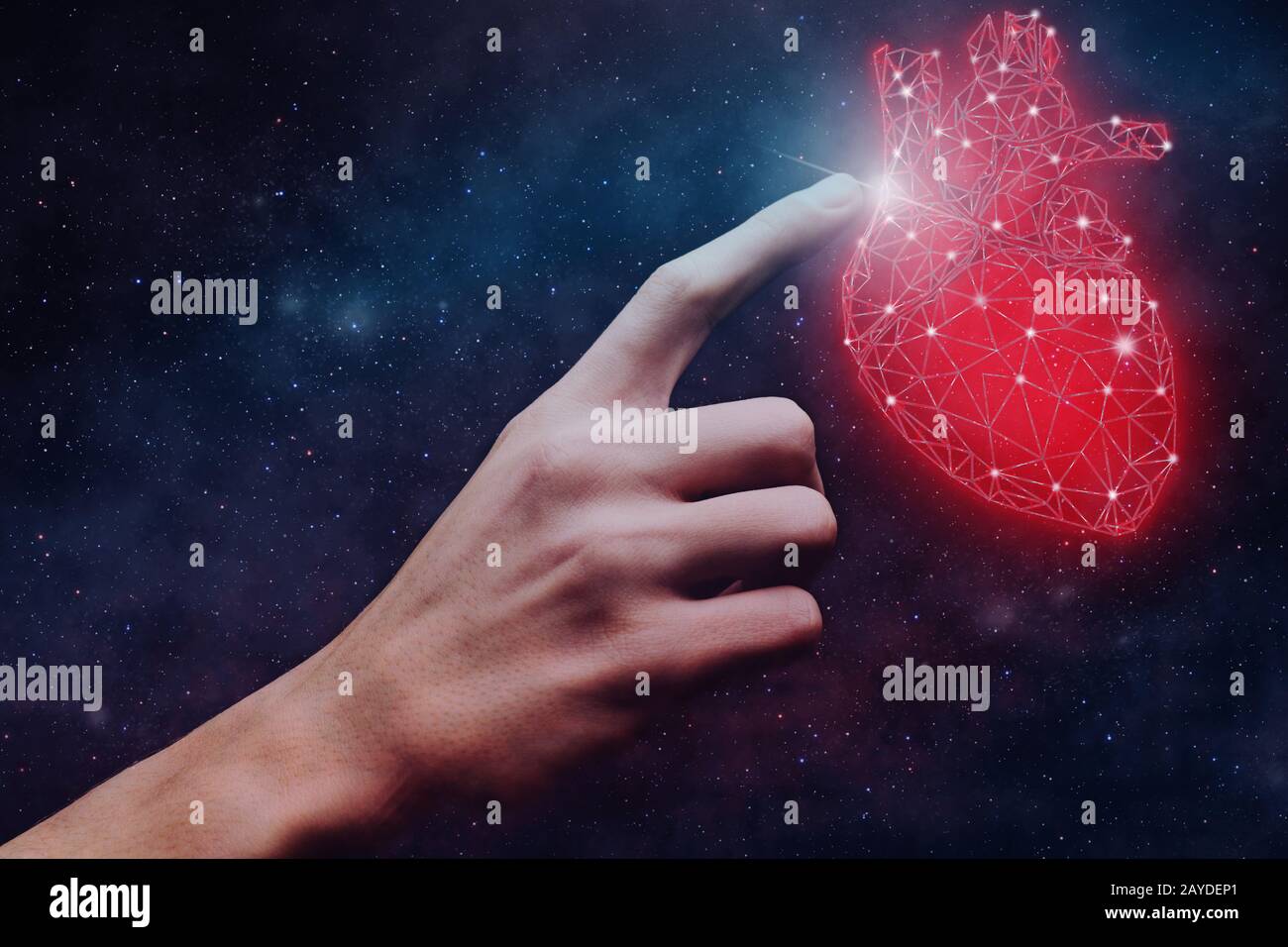 Human forefinger touches heart innovative technologies. Nebula dust in ...