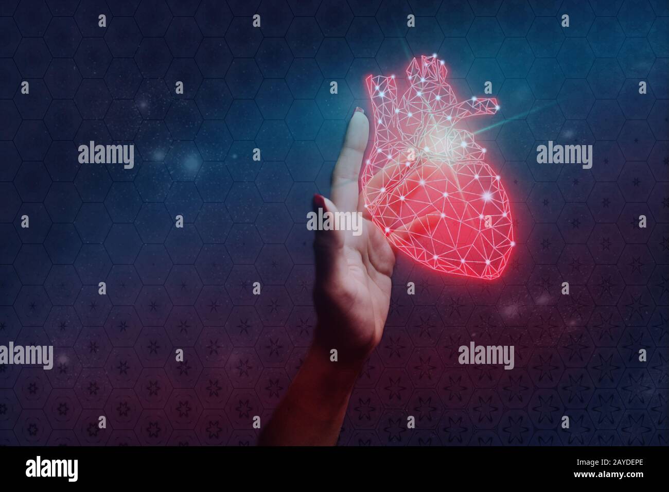 Human forefinger touches heart innovative technologies. Nebula dust in ...