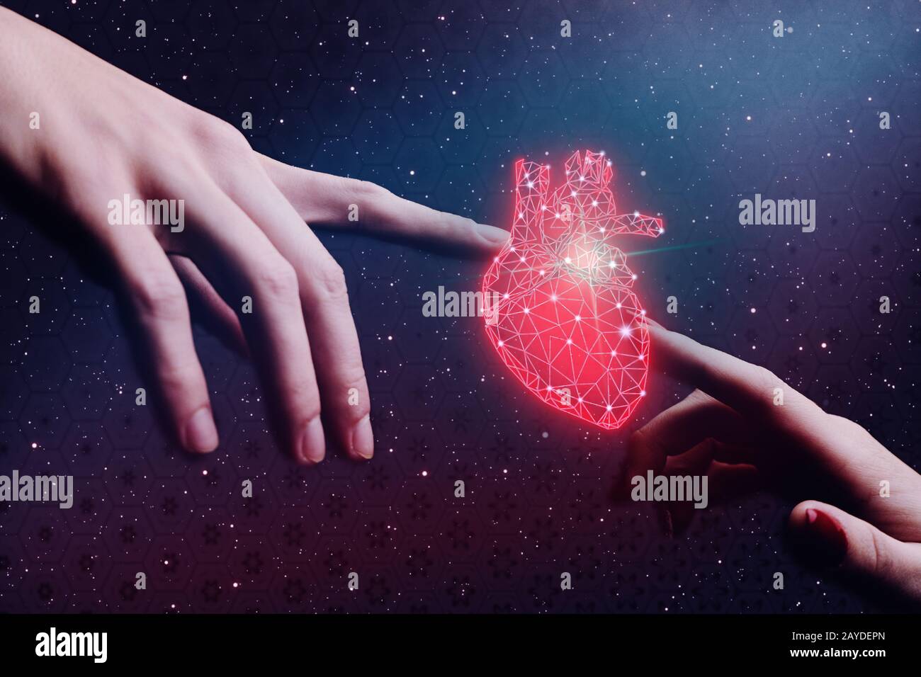 Human forefinger touches heart innovative technologies. Nebula dust in ...