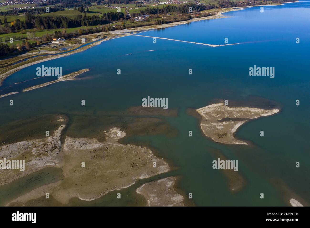 Reservoir Forggensee with little water and sandbanks, Schwangau, Füssen ...