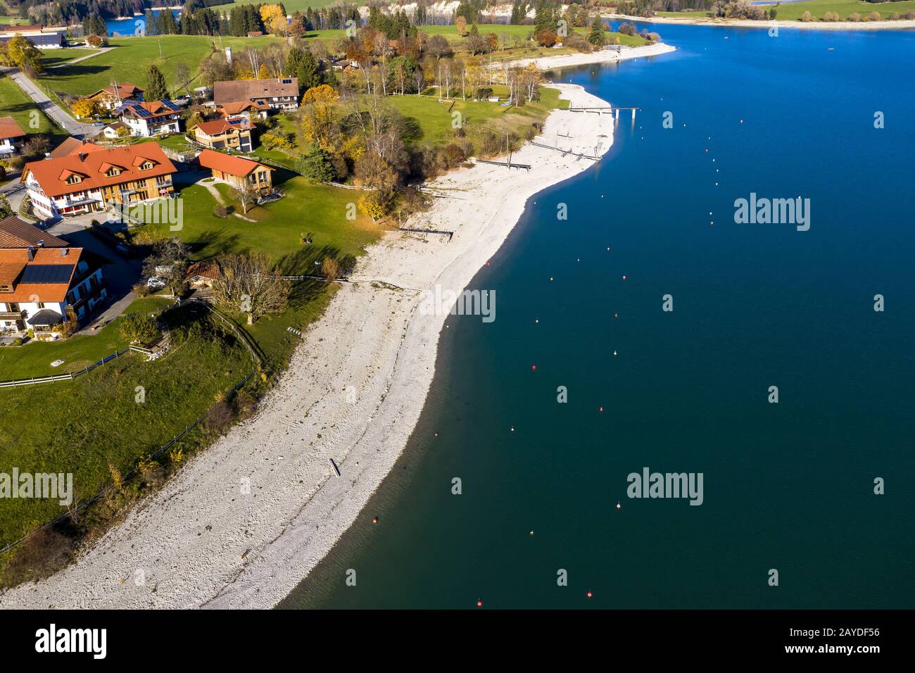 aerial view of Reservoir Forggensee at Dietringen, Bavaria, Germany ...