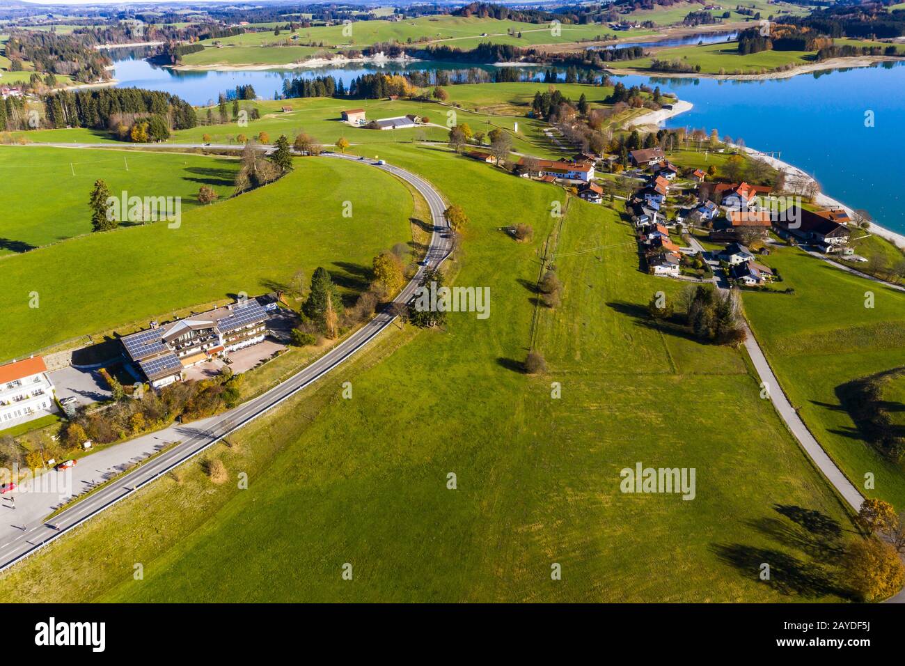 Aerial view, Lake Forggensee, Dietringen, Bavaria, Germany Stock Photo ...