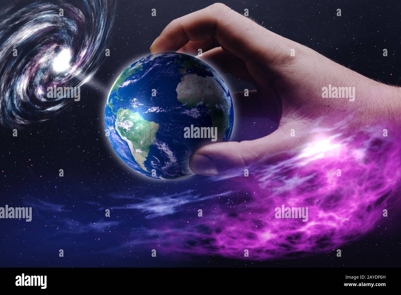 Protect our world in human hands and nebula dust. Mixed media Stock ...