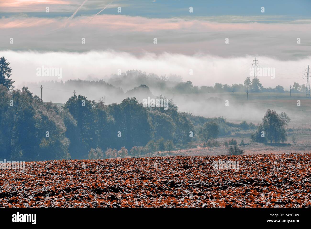 Fall foggy and misty sunrise landscape Stock Photo - Alamy