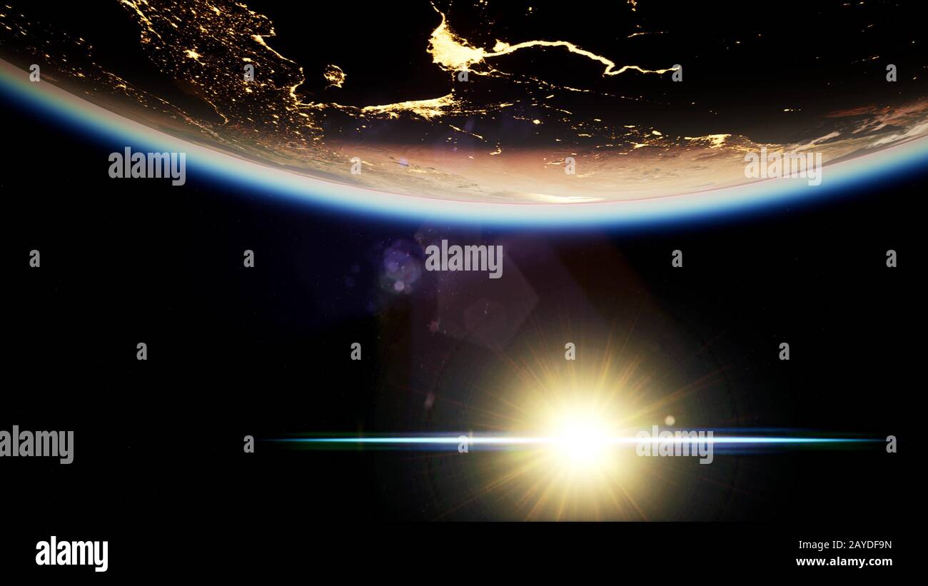 Space, Sun and planet Earth at Night Stock Photo - Alamy