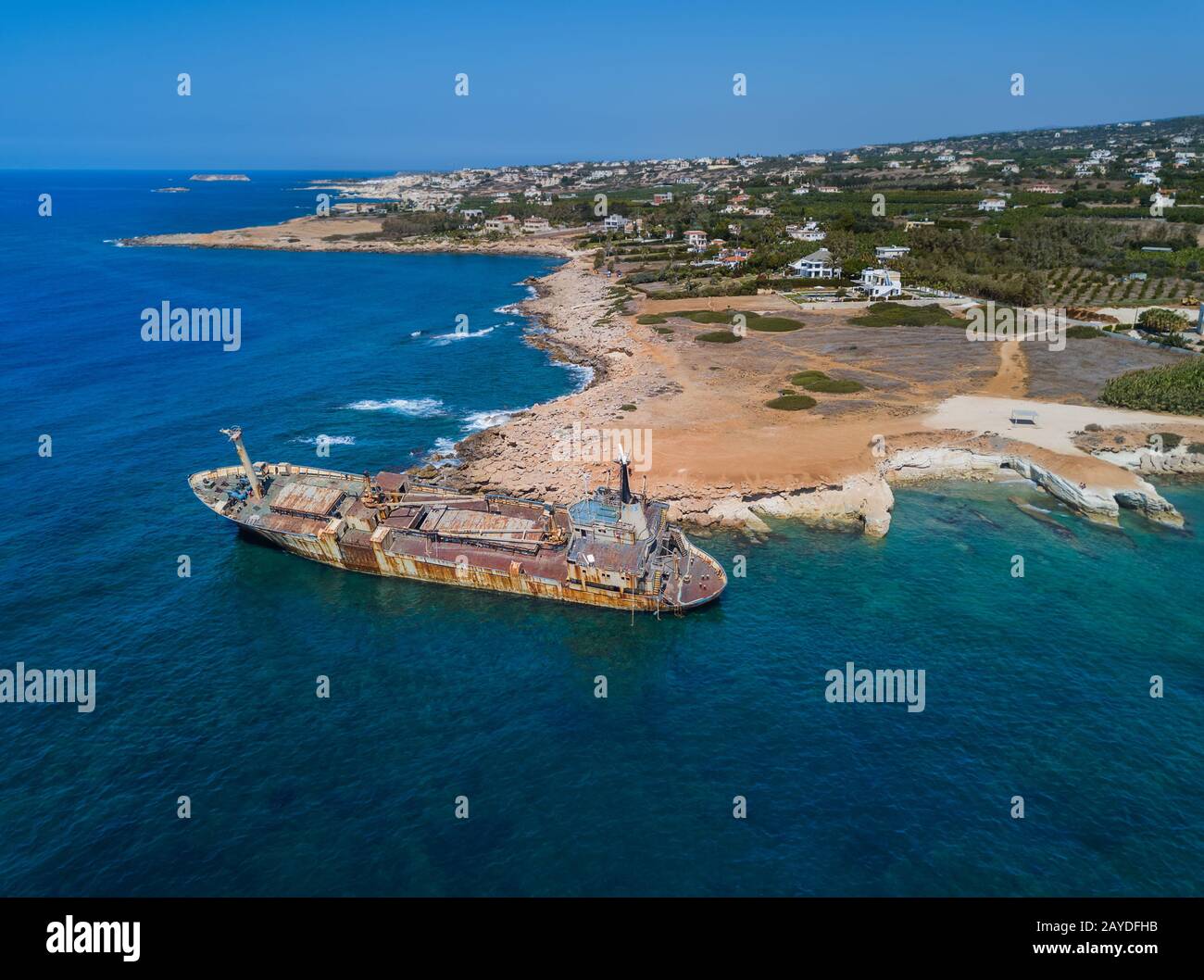 Old ship wreck near coast in Paphos Cyprus - aerial view Stock Photo ...