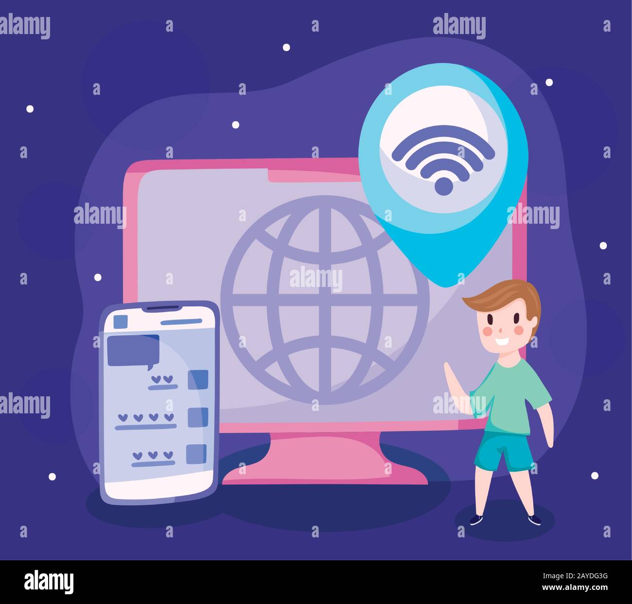 Boy cartoon with smartphone and computer design, Social media ...