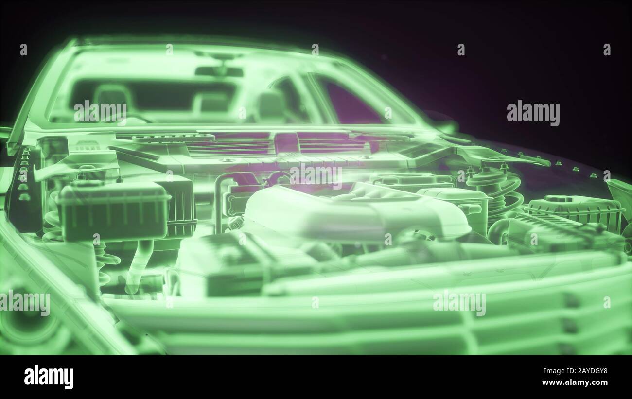 Holographic animation of 3D wireframe car model with engine Stock Photo ...