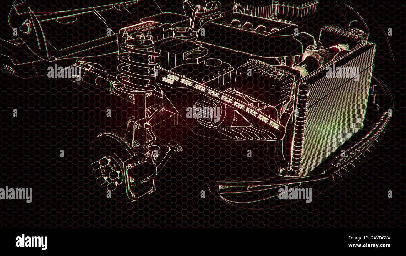 Holographic animation of 3D wireframe car model with engine Stock Photo ...