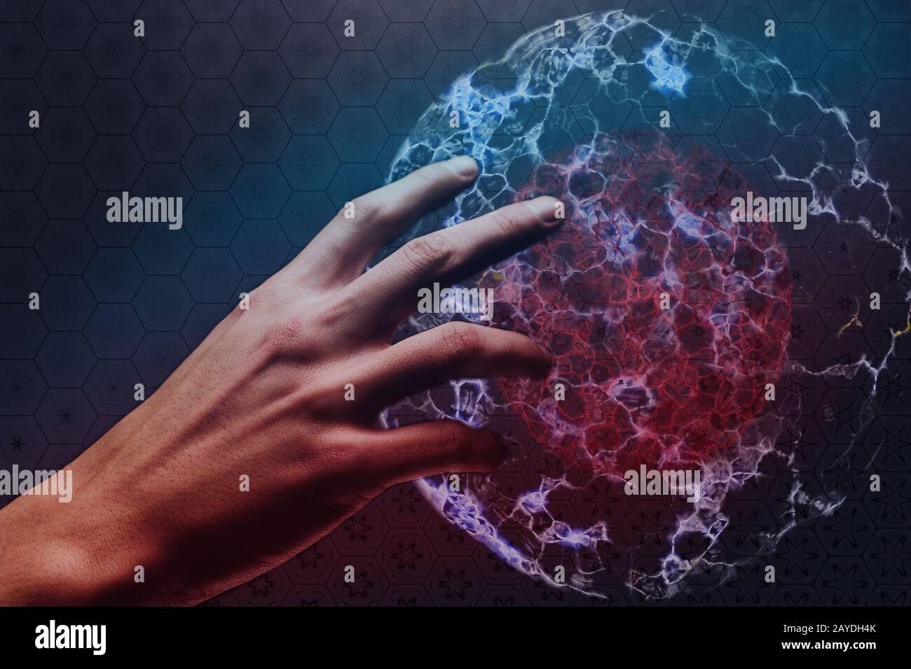 Human forefinger touches cell dividing. Nebula dust in infinite space ...