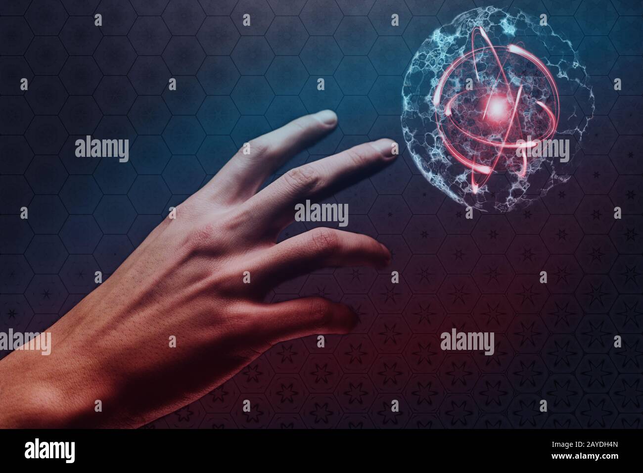 Human forefinger touches cell dividing. Nebula dust in infinite space ...