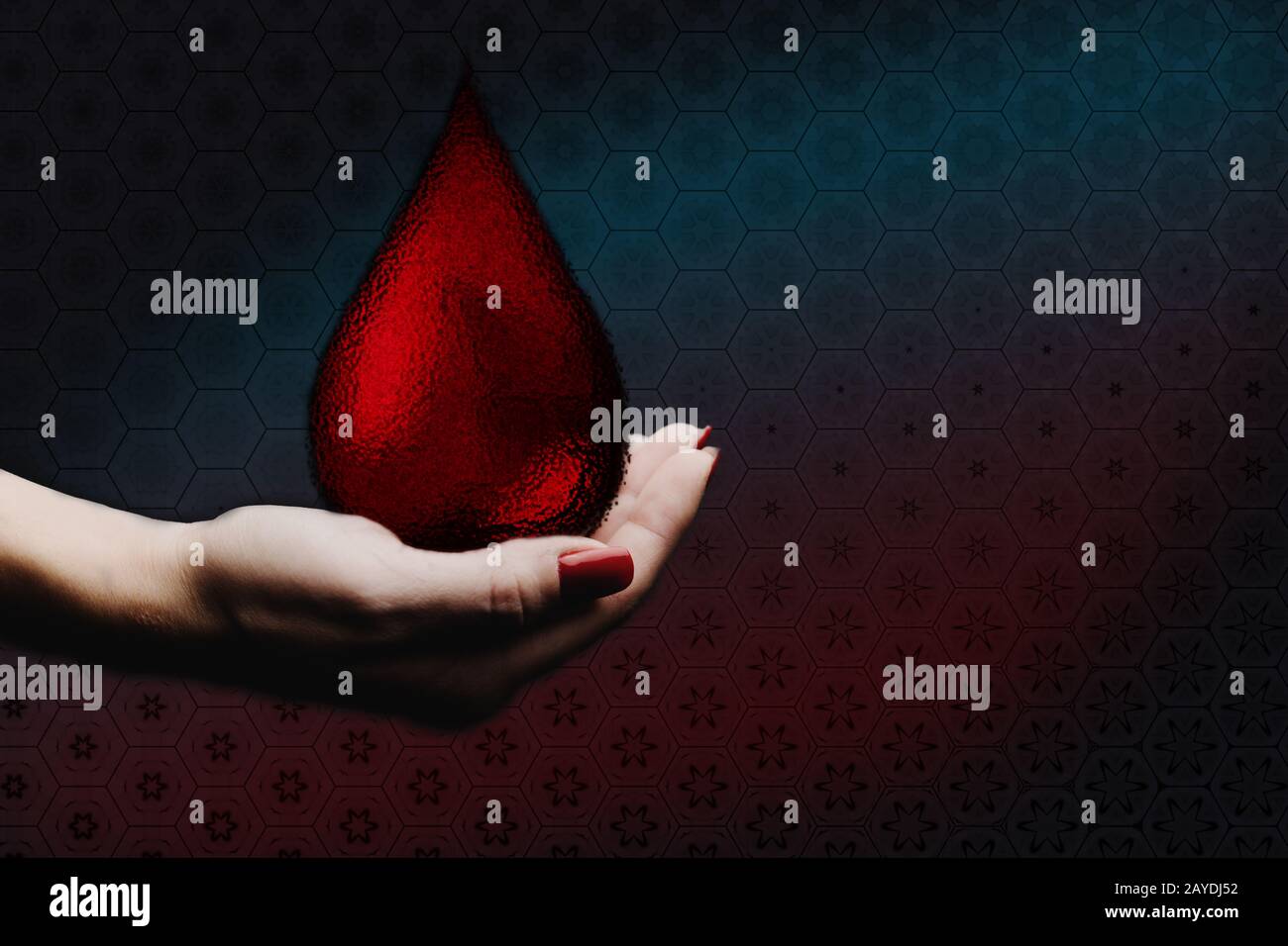 Human hand blood drop. Nebula dust in infinite space. World Blood Donor ...