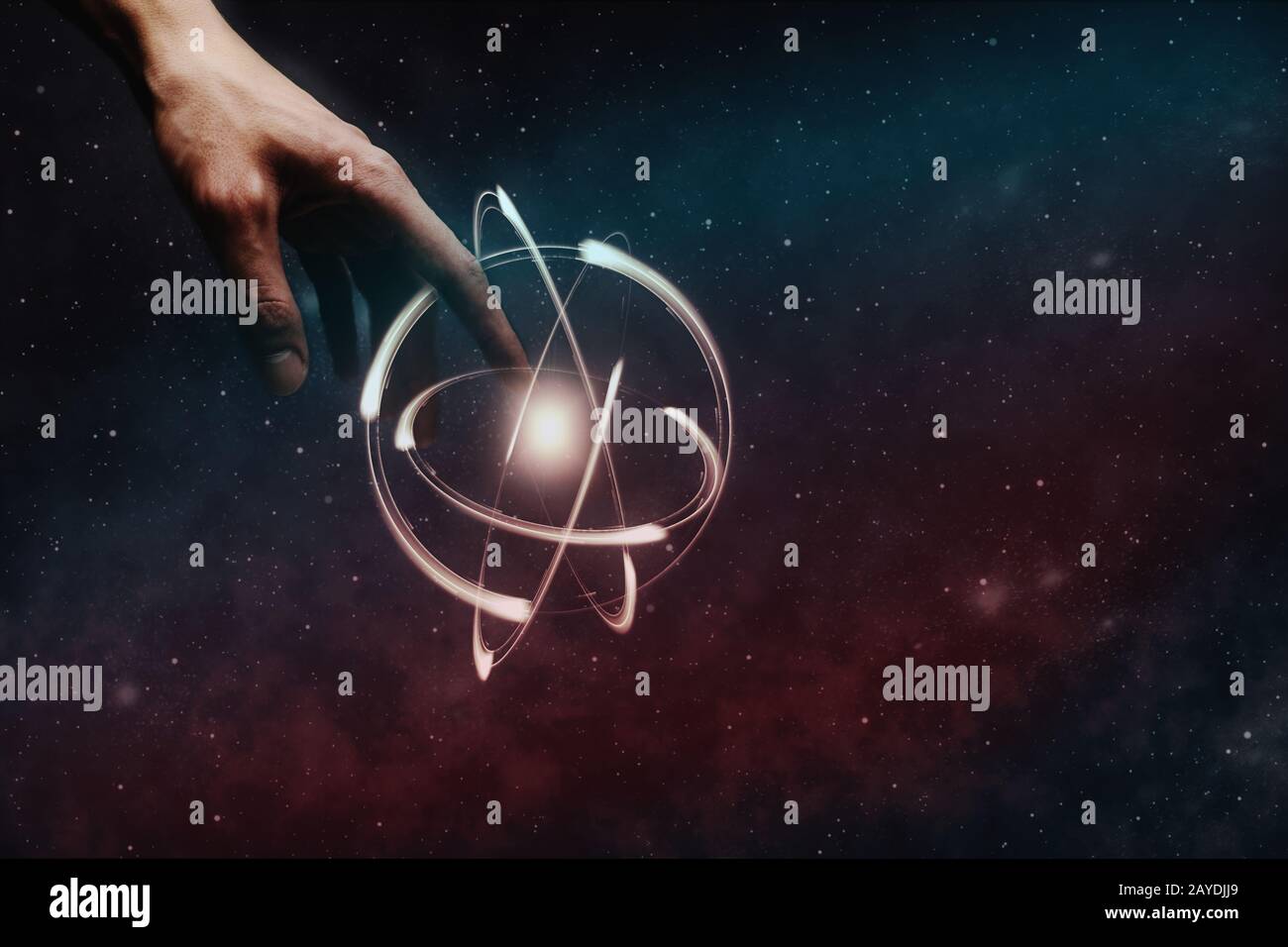 Human forefinger touches atom. Nebula dust in infinite space. Mixed ...