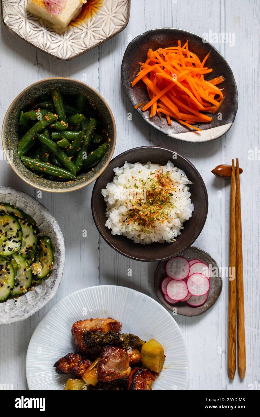 Japanese set meal with rice, tofu, chicken and vegetables Stock Photo ...