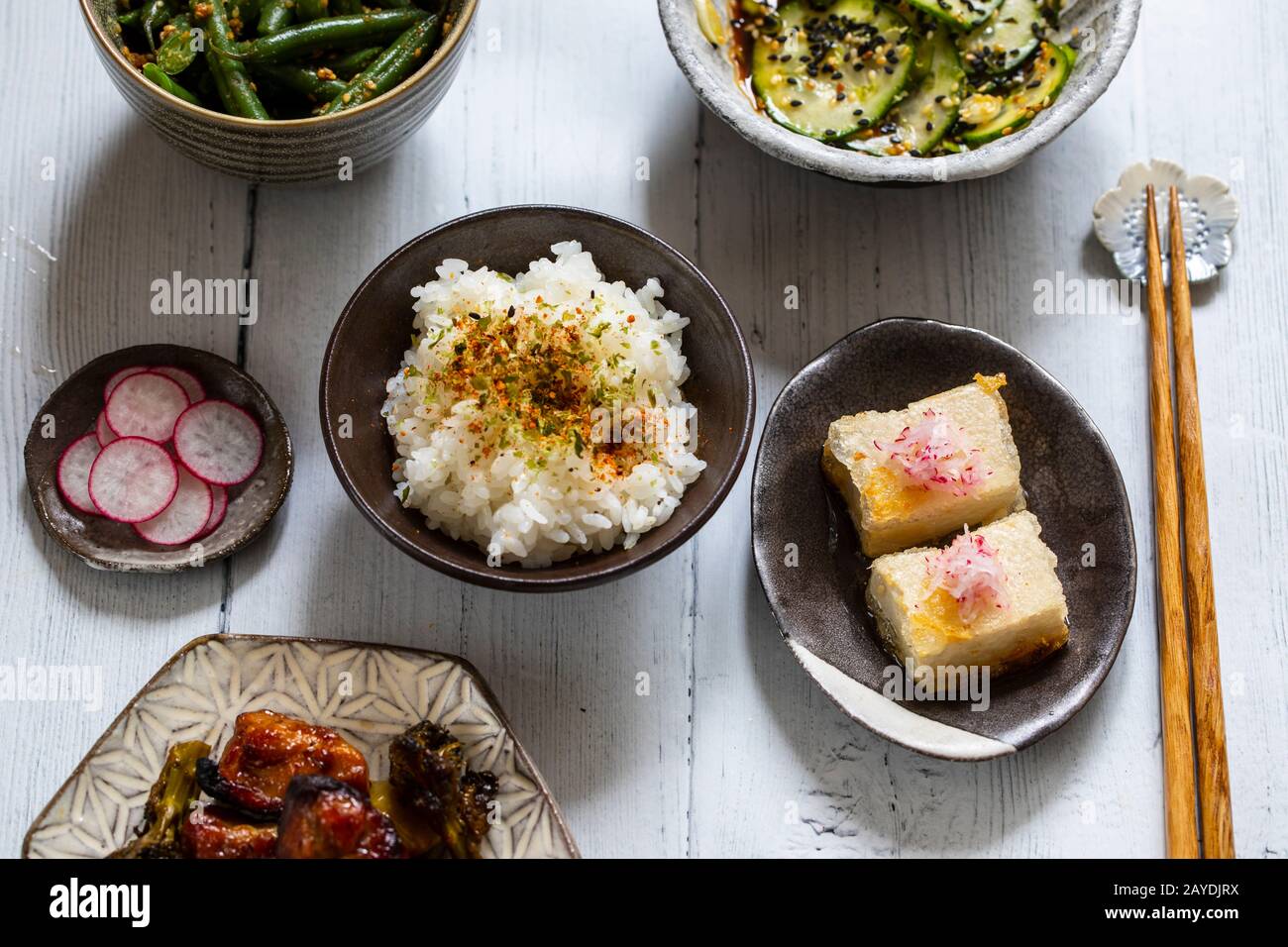 Japanese set meal with rice, tofu, chicken and vegetables Stock Photo ...