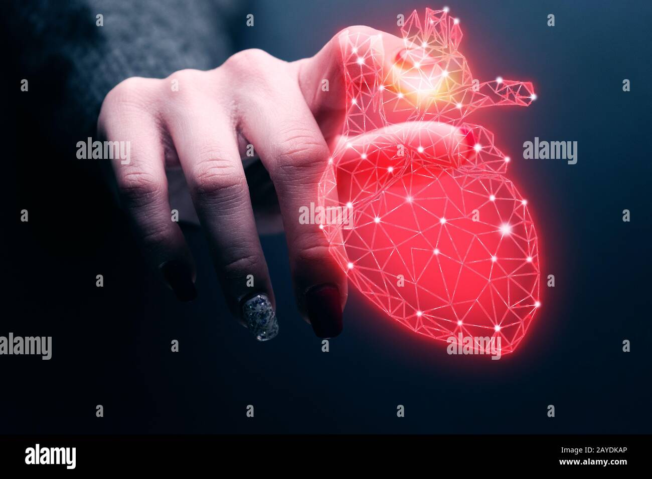 Human forefinger touches red heart innovative technologies. Mixed media ...