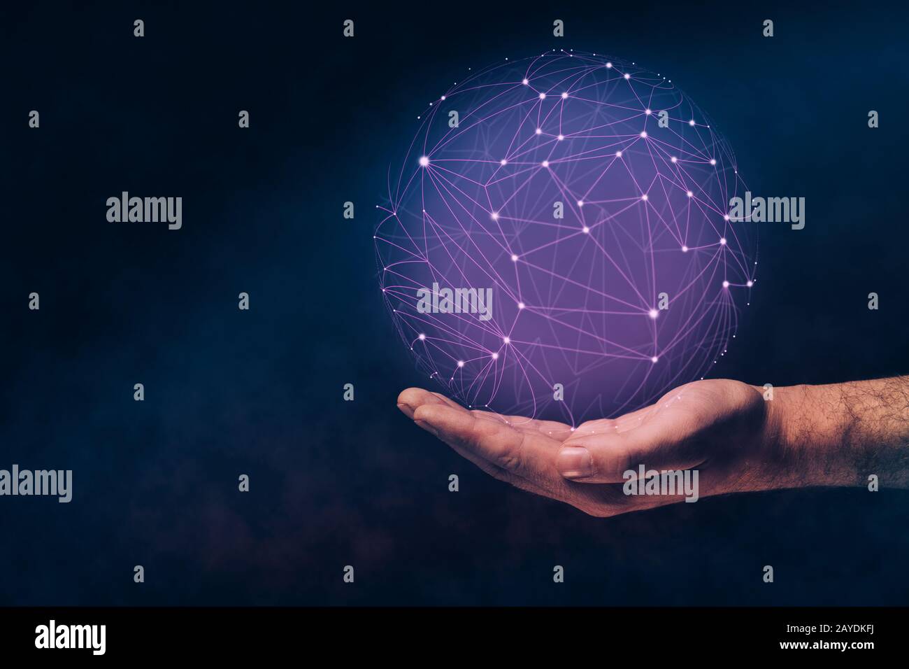 Human hand holding sphere social connection technologies. Mixed media ...
