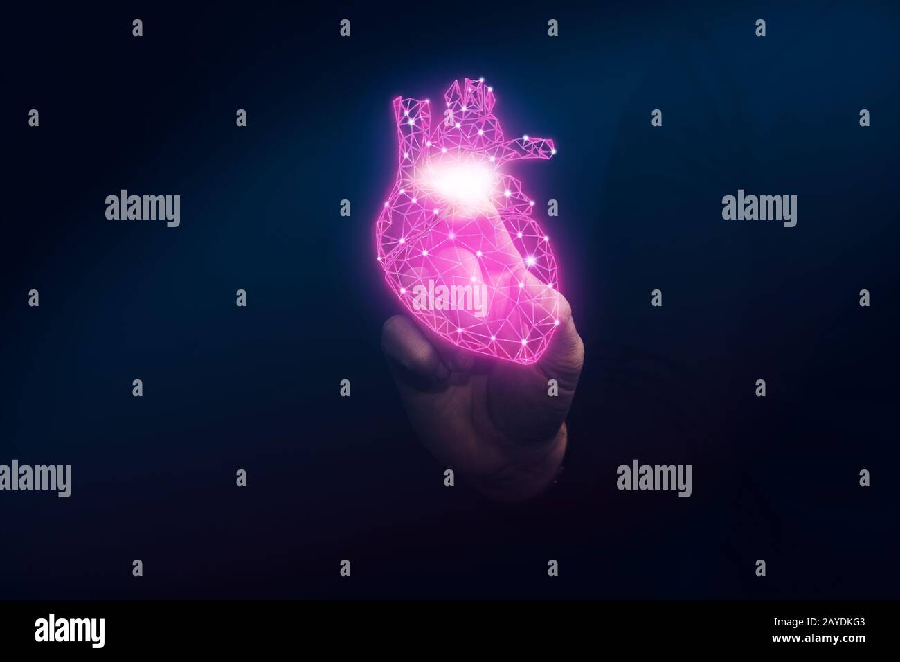 Human forefinger touches neon heart innovative technologies. Mixed ...