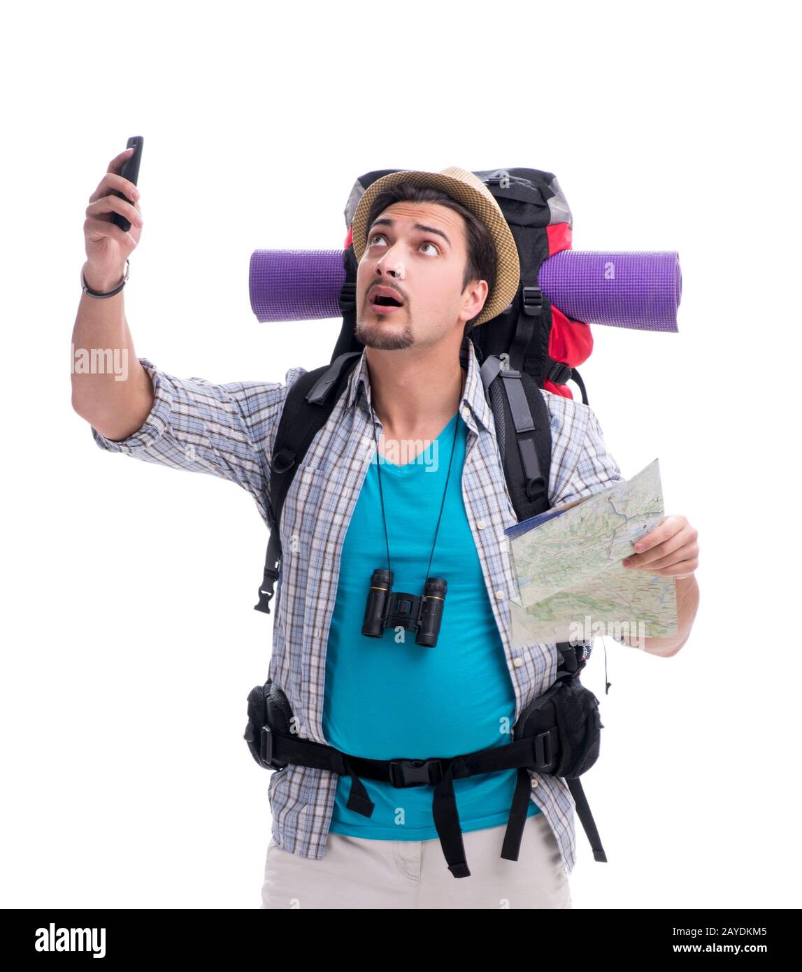 Man lost and looking for direction with map on white Stock Photo - Alamy