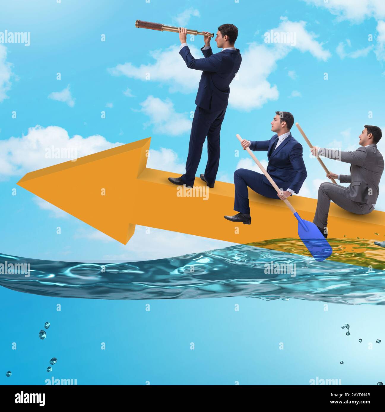 Teamwork concept with businessmen on boat Stock Photo - Alamy