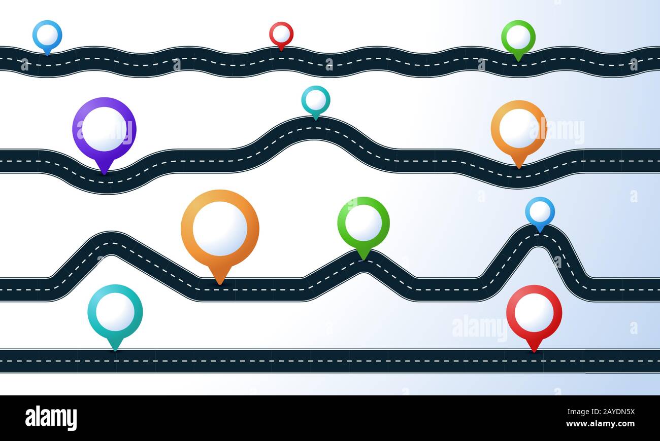 Straight and winding road road with pin. Seamless pattern asphalt roads ...