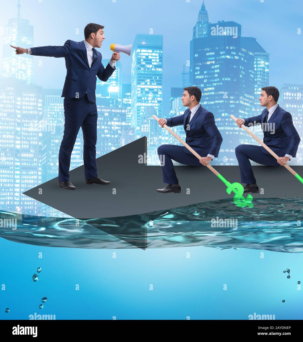 Teamwork concept with businessmen on boat Stock Photo - Alamy