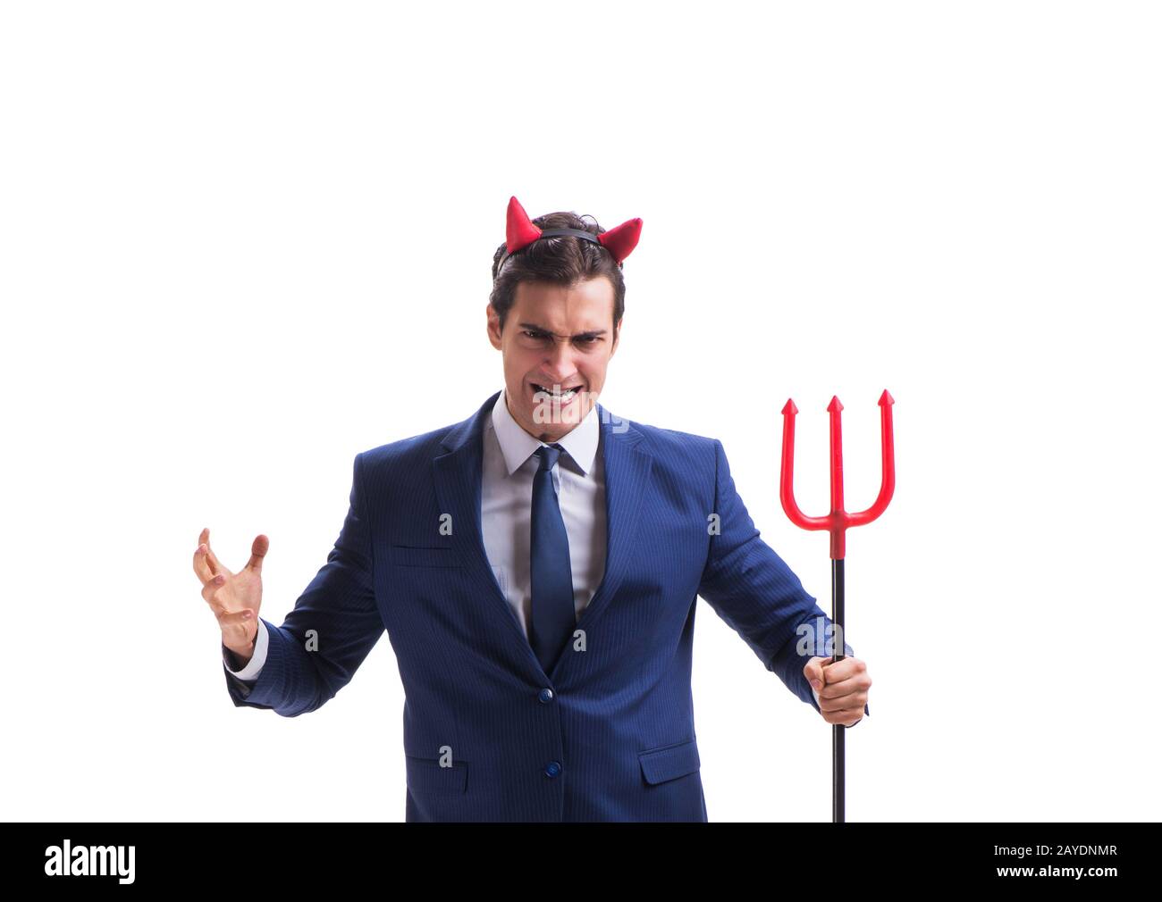 Evil devil businessman with pitchfork isolated on white backgrou Stock ...