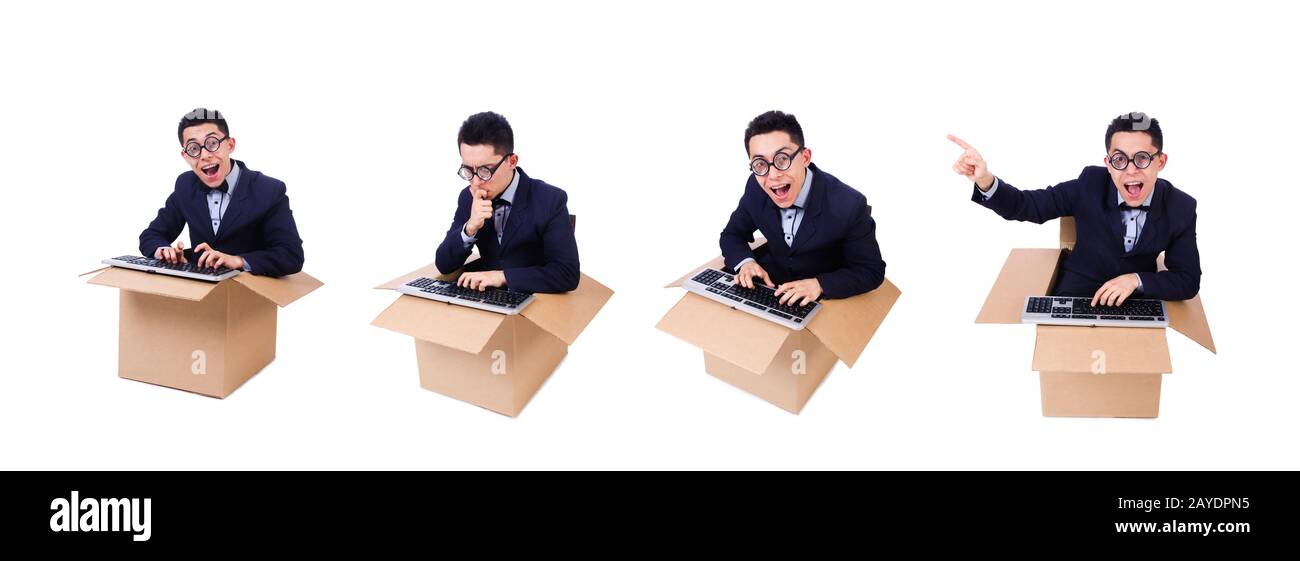 Funny computer geek sitting in the box Stock Photo - Alamy