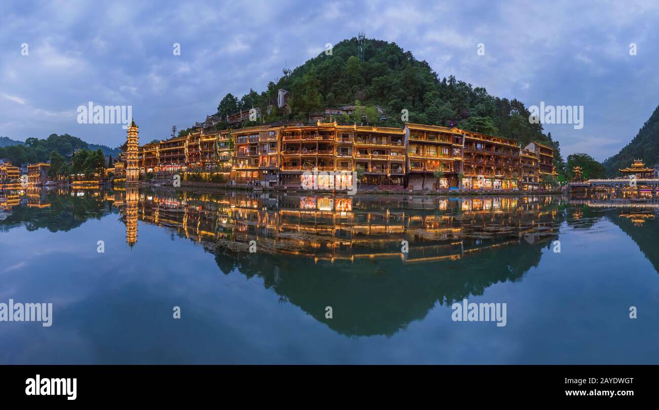 Ancient town Fenghuang at sunset in Hunan China Stock Photo - Alamy