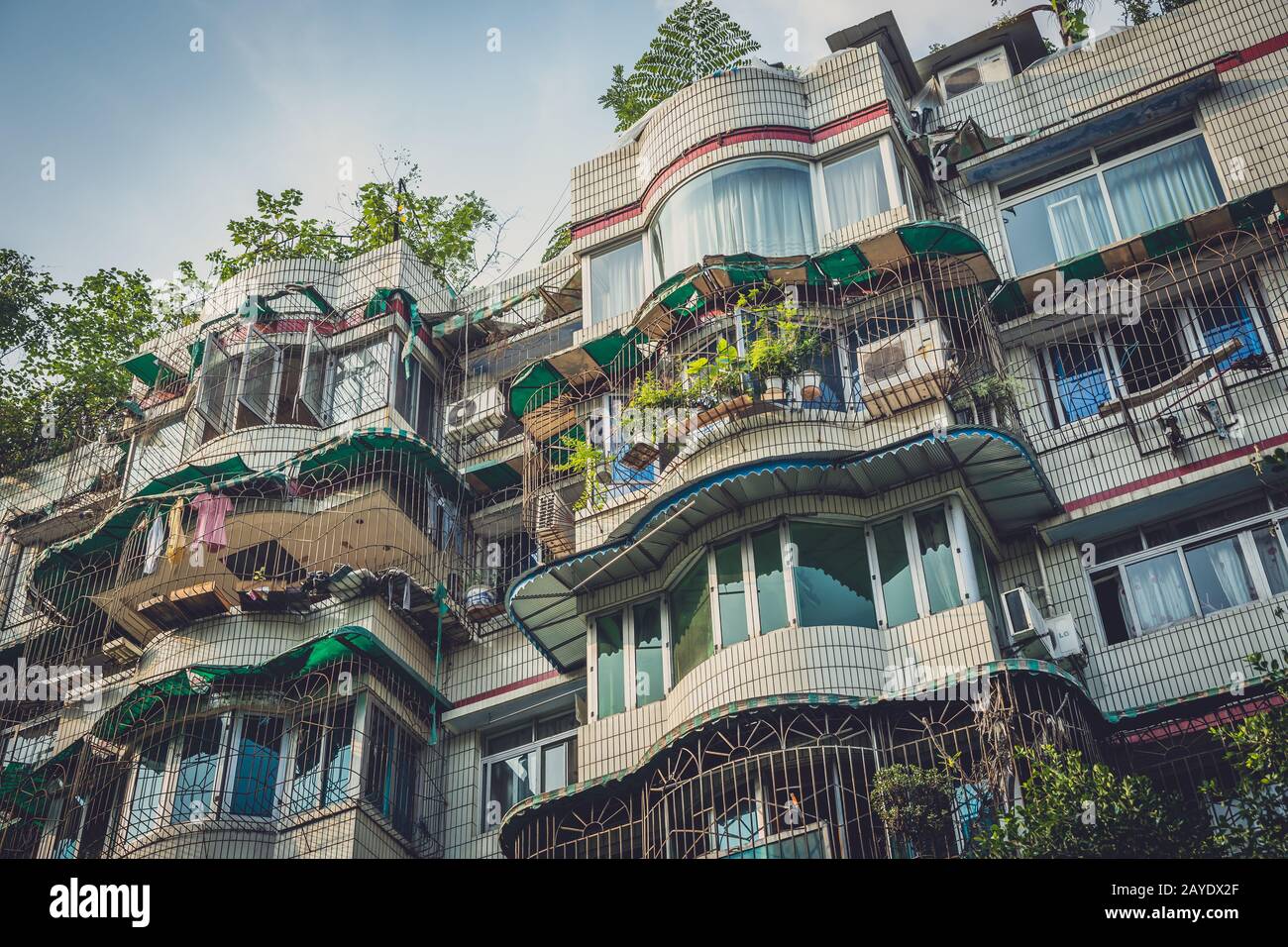 Windows and balconies of old residential buildings in Chengdu Stock ...