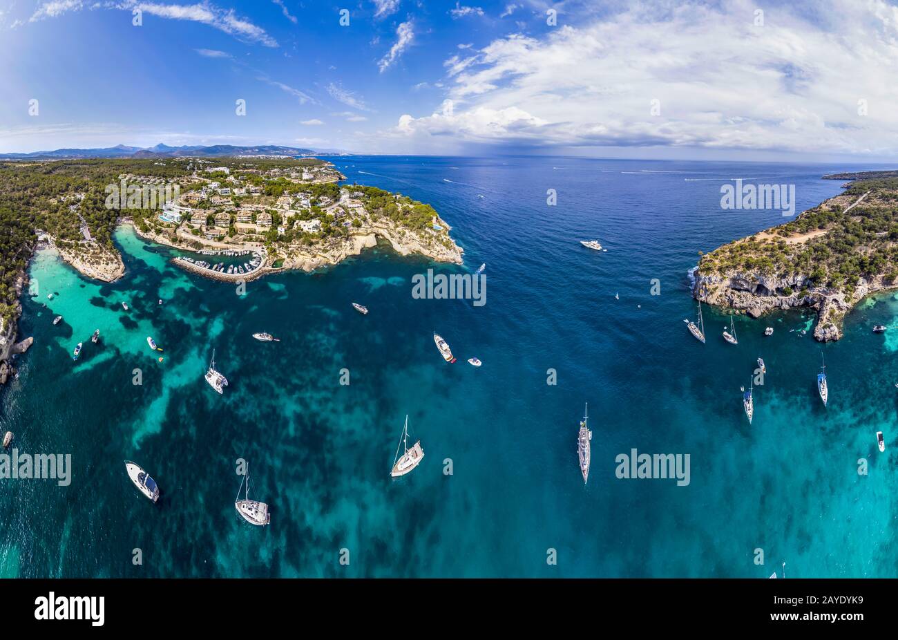 Aerial view, view over the Five Fingers Bay of Portals Vells, Mallorca ...