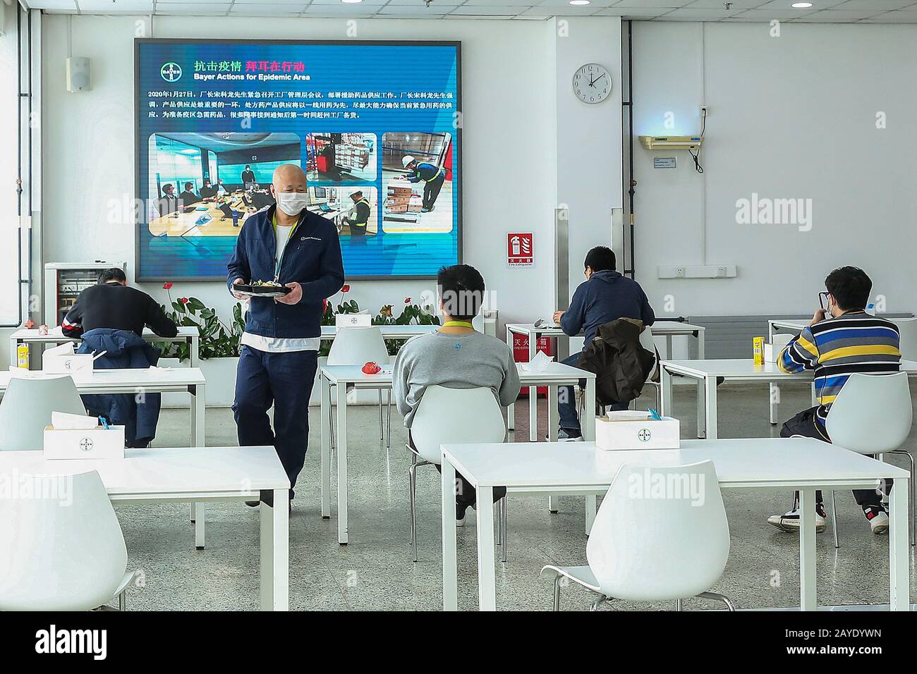Beijing, China. 14th Feb, 2020. Workers of pharmaceutical company Bayer ...