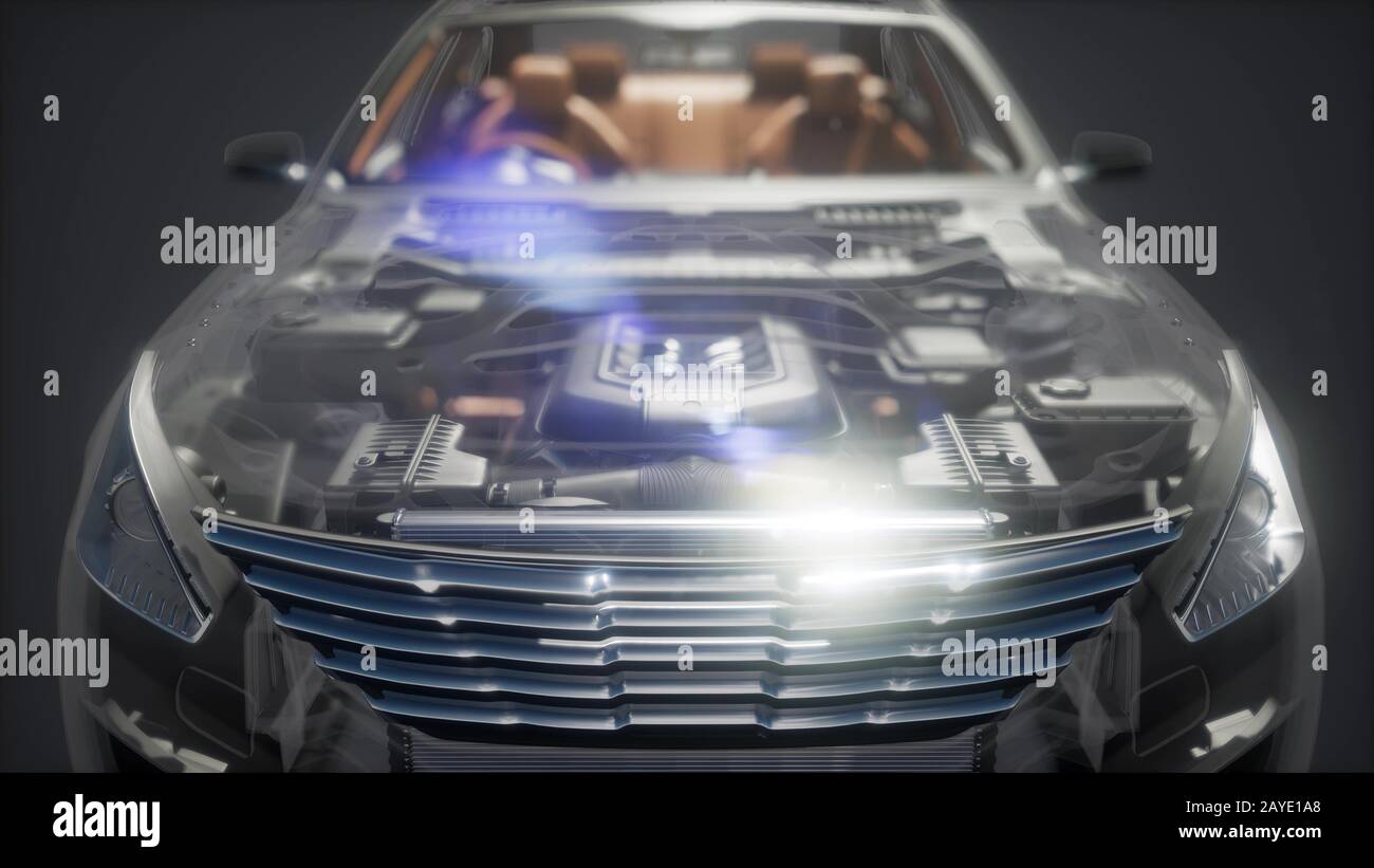 engine and other parts visible in car Stock Photo - Alamy