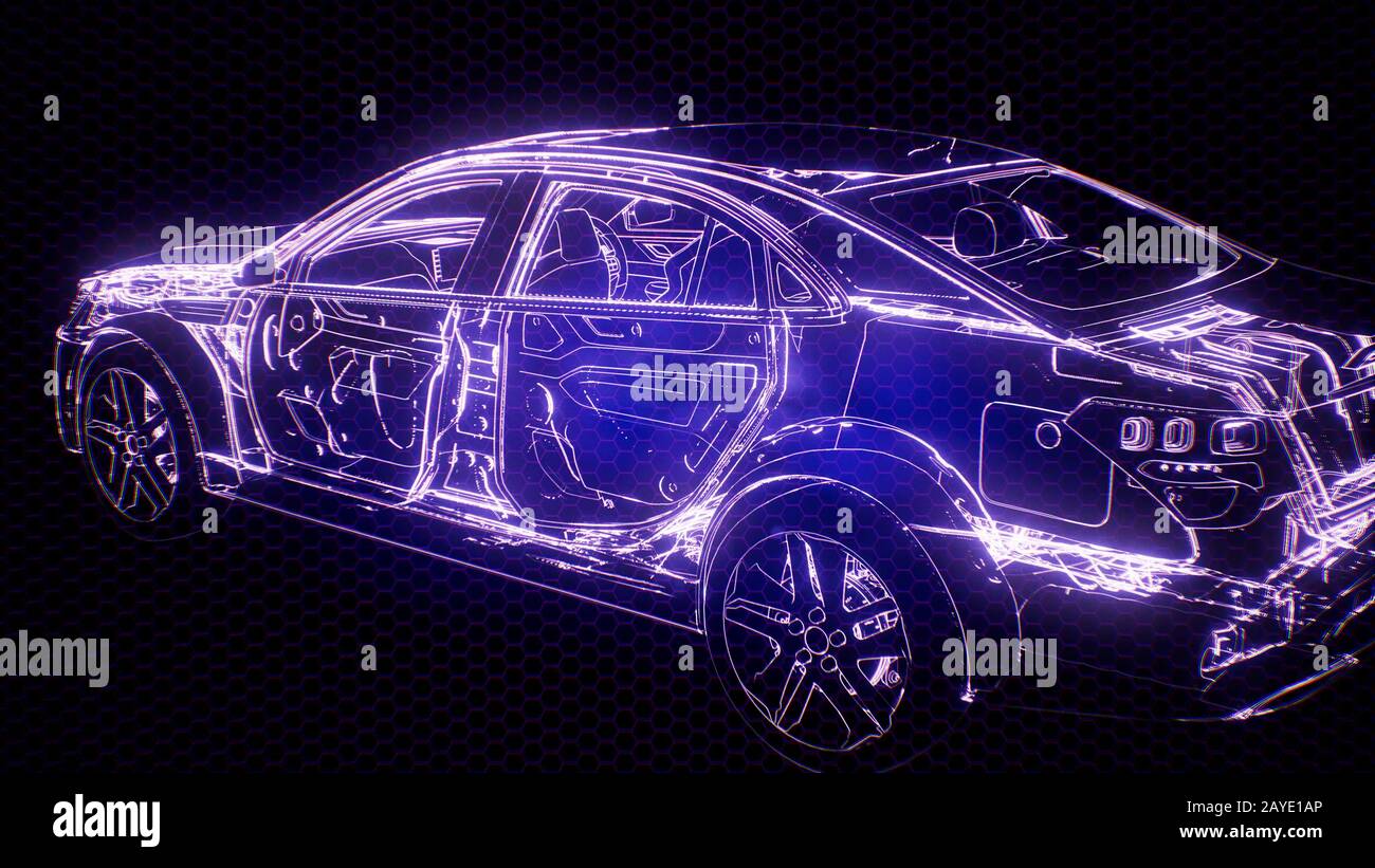 Holographic animation of 3D wireframe car model with engine Stock Photo ...