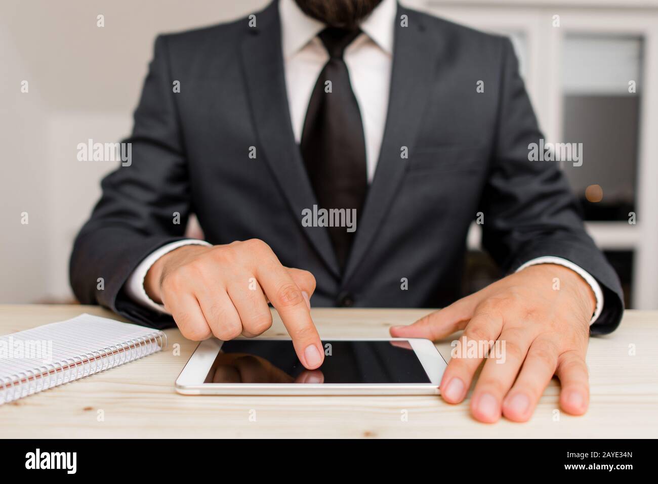 Male human wear formal working clothes presenting presentation of high ...