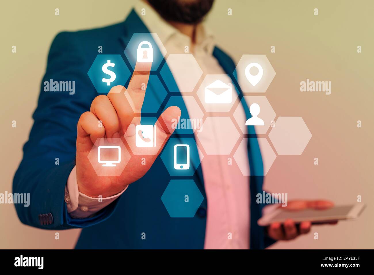 Male human presenting a presentation using the latest sophisticated ...