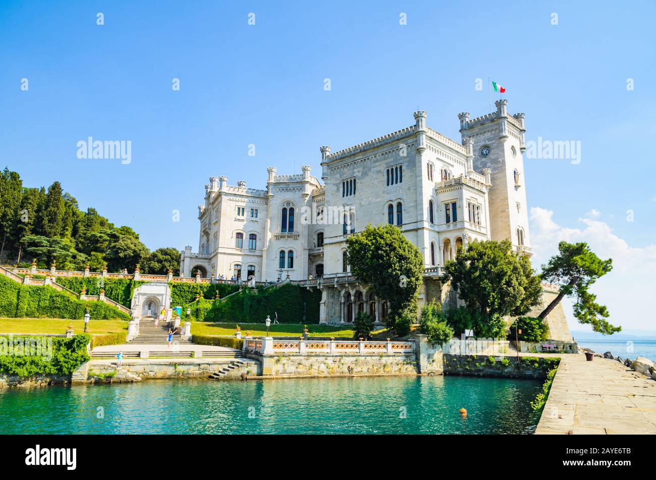 Triest, Italy - 05.08.2015 View on Miramare castle on the gulf of ...