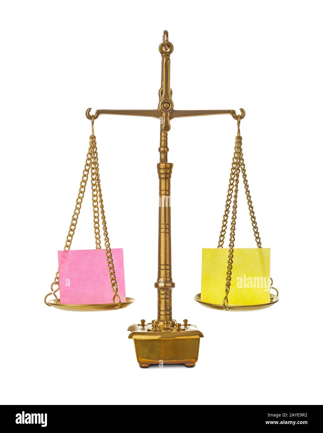 Golden weight balance scale with blank paper Stock Photo - Alamy