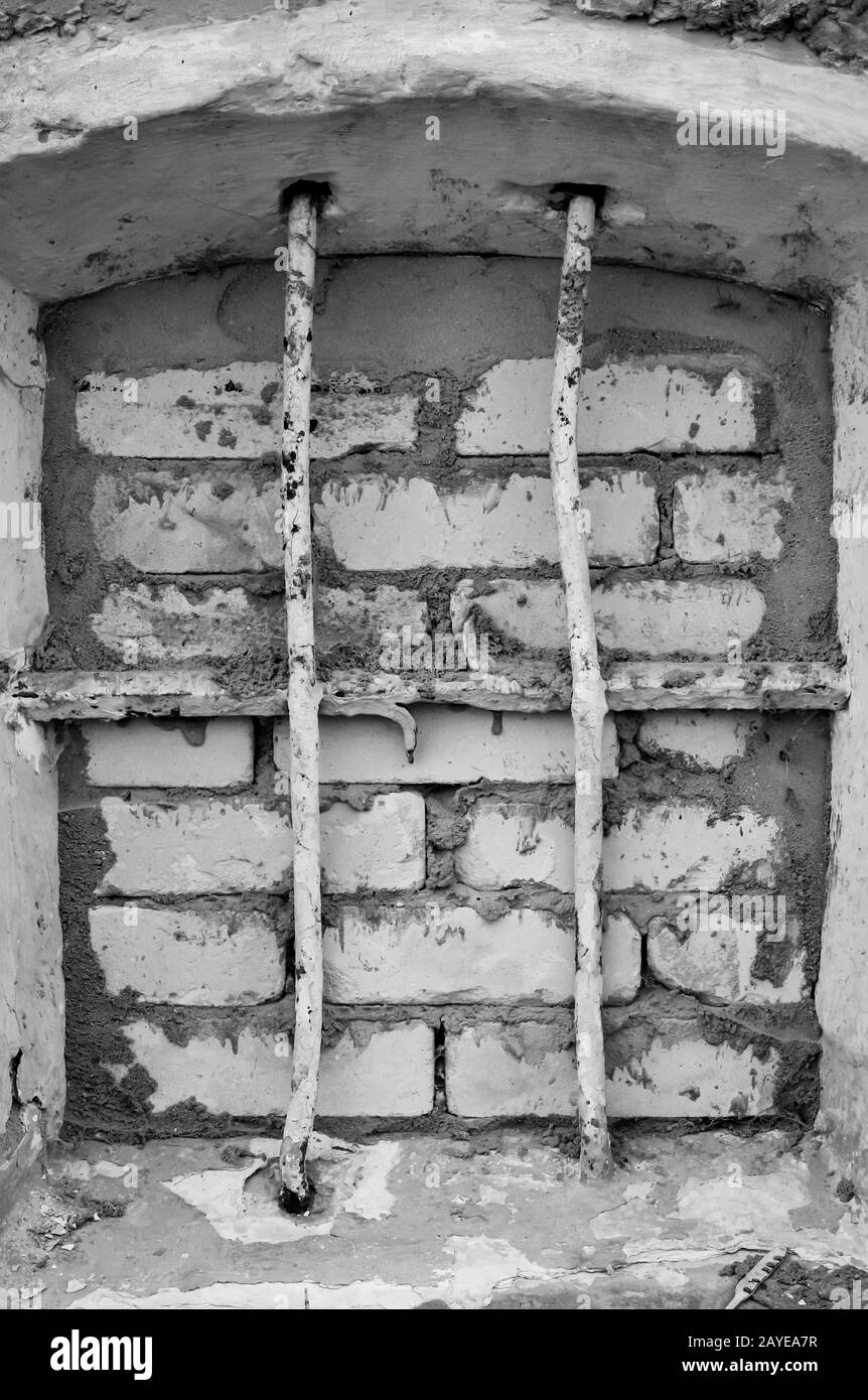 The window of a former prison, detention cell of a Soviet garrison ...