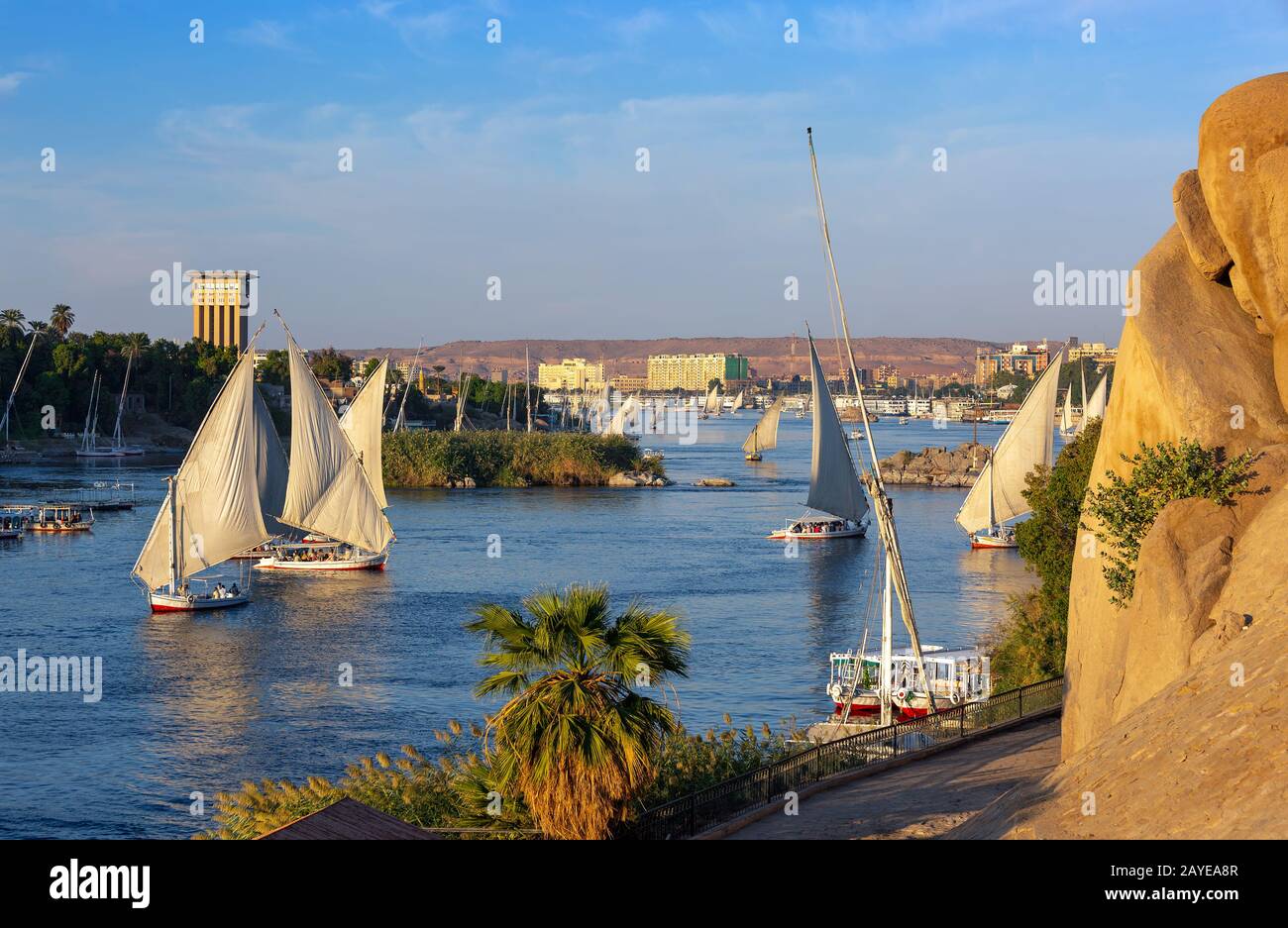 felucca boats on Nile river in Aswan Stock Photo - Alamy