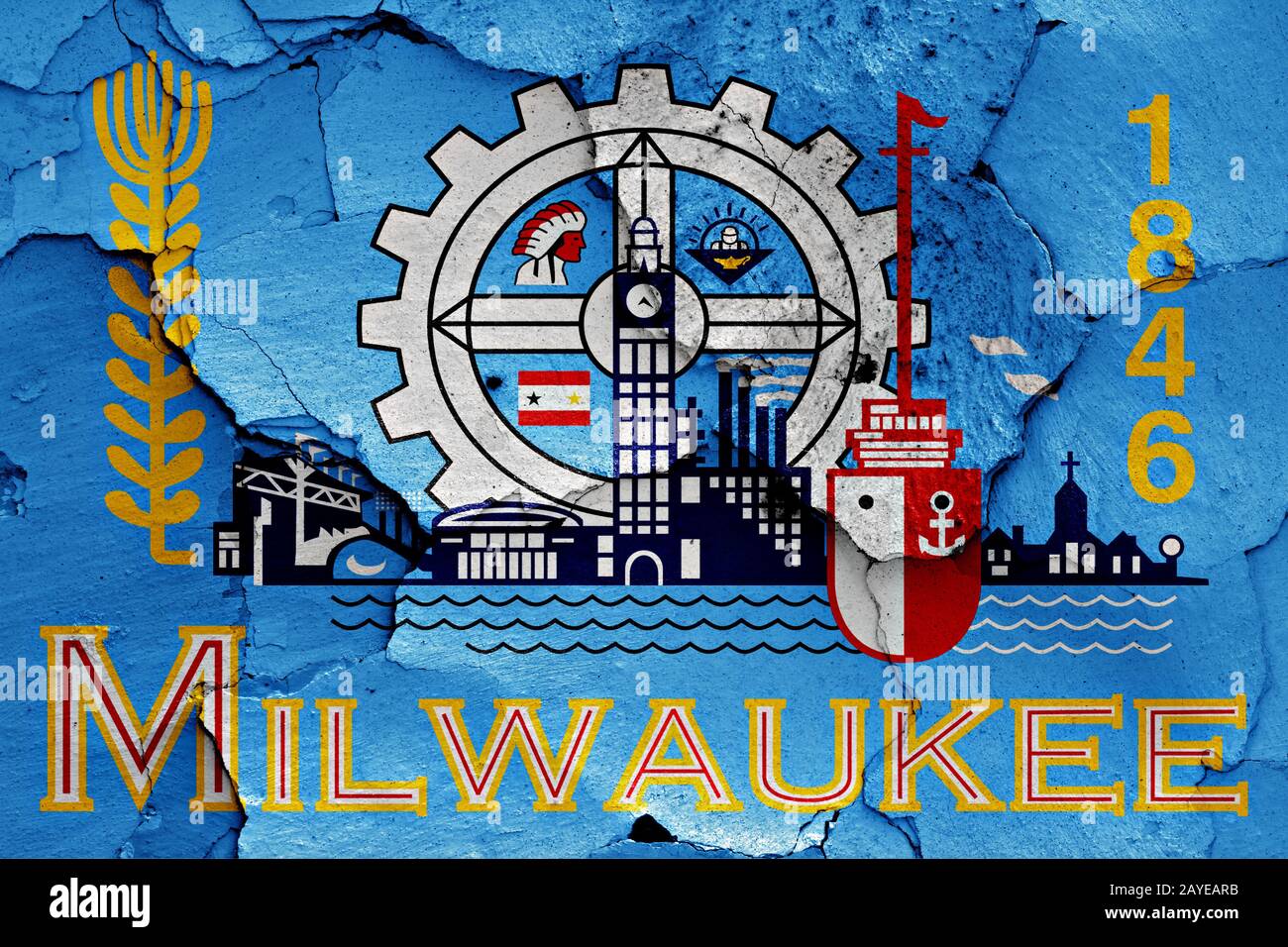 flag of Milwaukee painted on cracked wall Stock Photo - Alamy