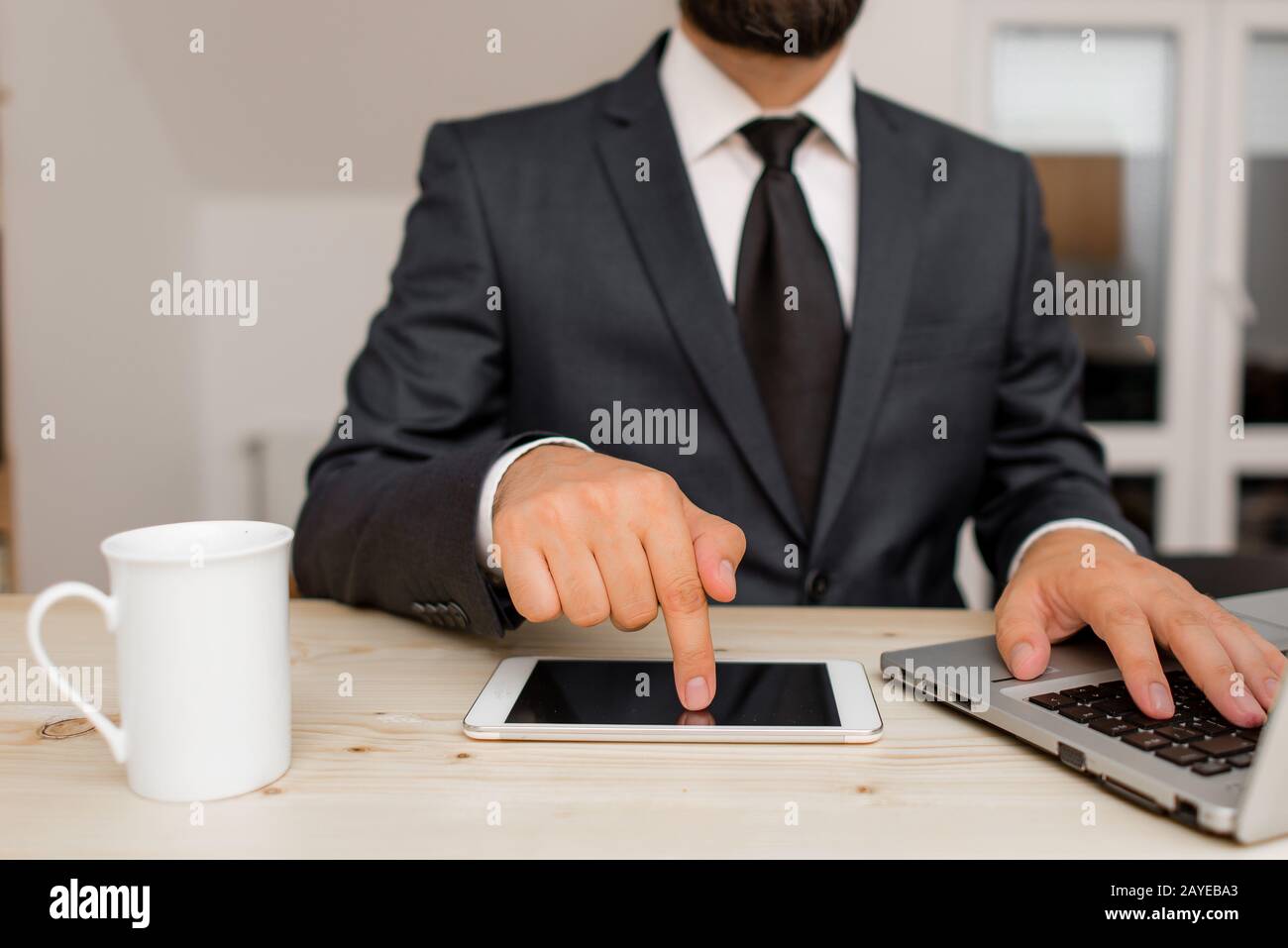 Male human wear formal working clothes presenting presentation of high ...